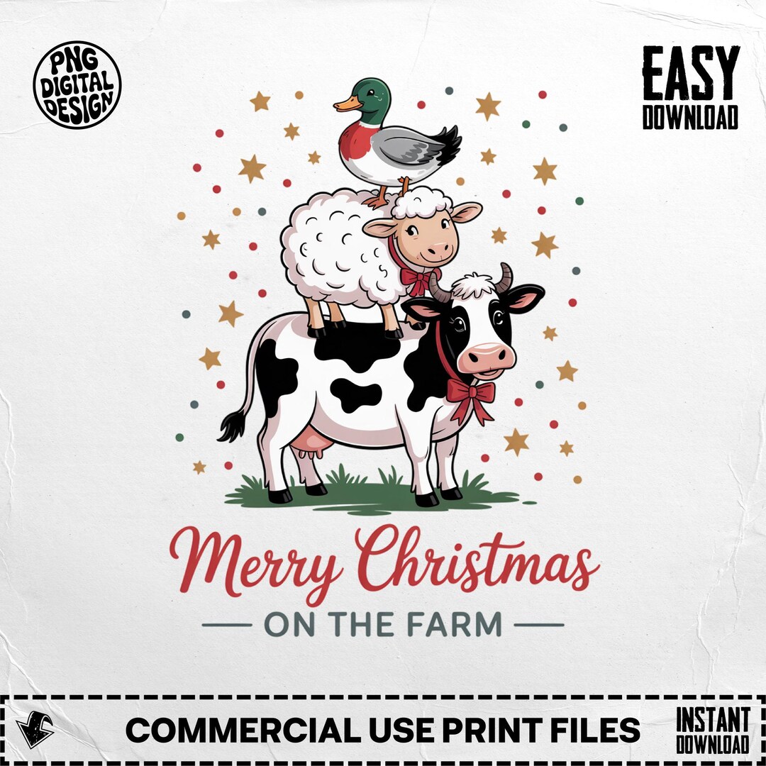 Merry Christmas Farm Animals Digital Print, Cow Sheep Duck, Festive ...
