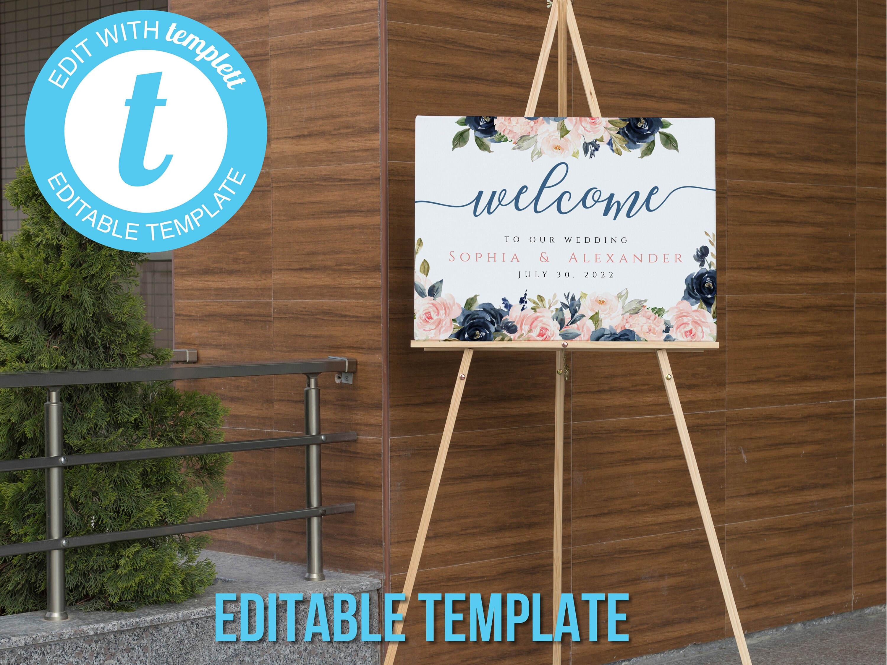 Navy Blush Wedding Welcome Sign | 3 Editable Templates Included ...