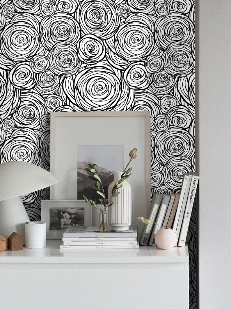 Modern Line Drawing Black and White Rose Wallpaper-self - Etsy