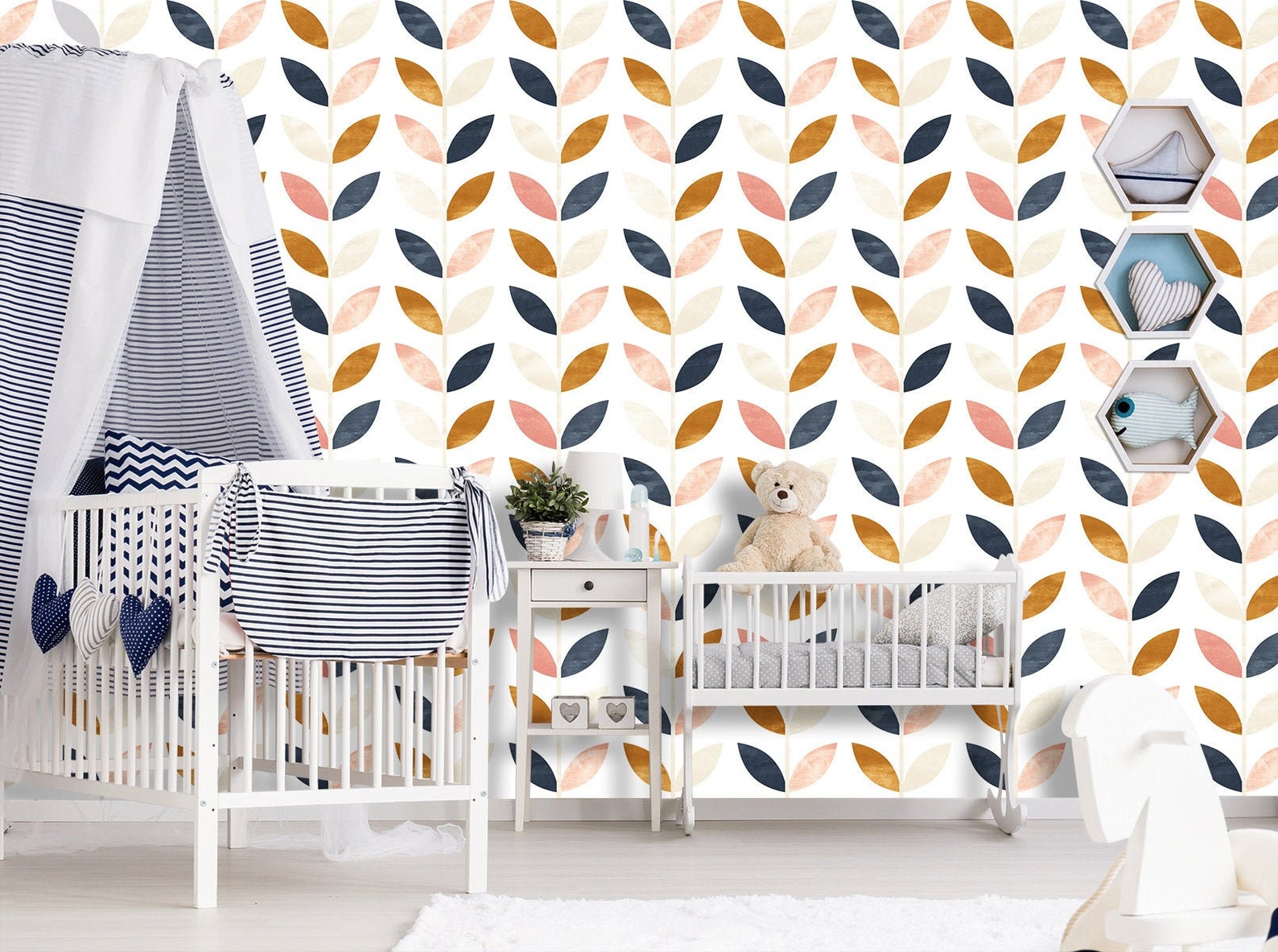 Modern Leaf Wallpaper White/brown/pink/navy Blue Peel and - Etsy