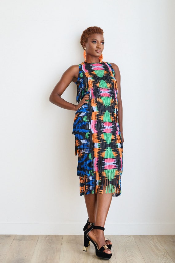 AKETHI Multi Fringe Dress Plissé Premium Vintage Fren… - Gem