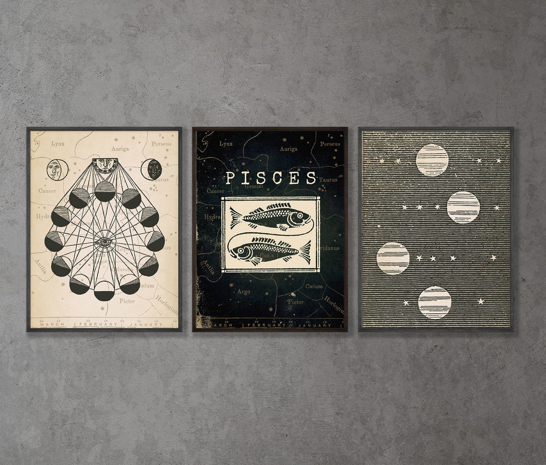 Emerald Green Decor Pisces Wall Art Set of 3, Dark Vintage Astrology ...