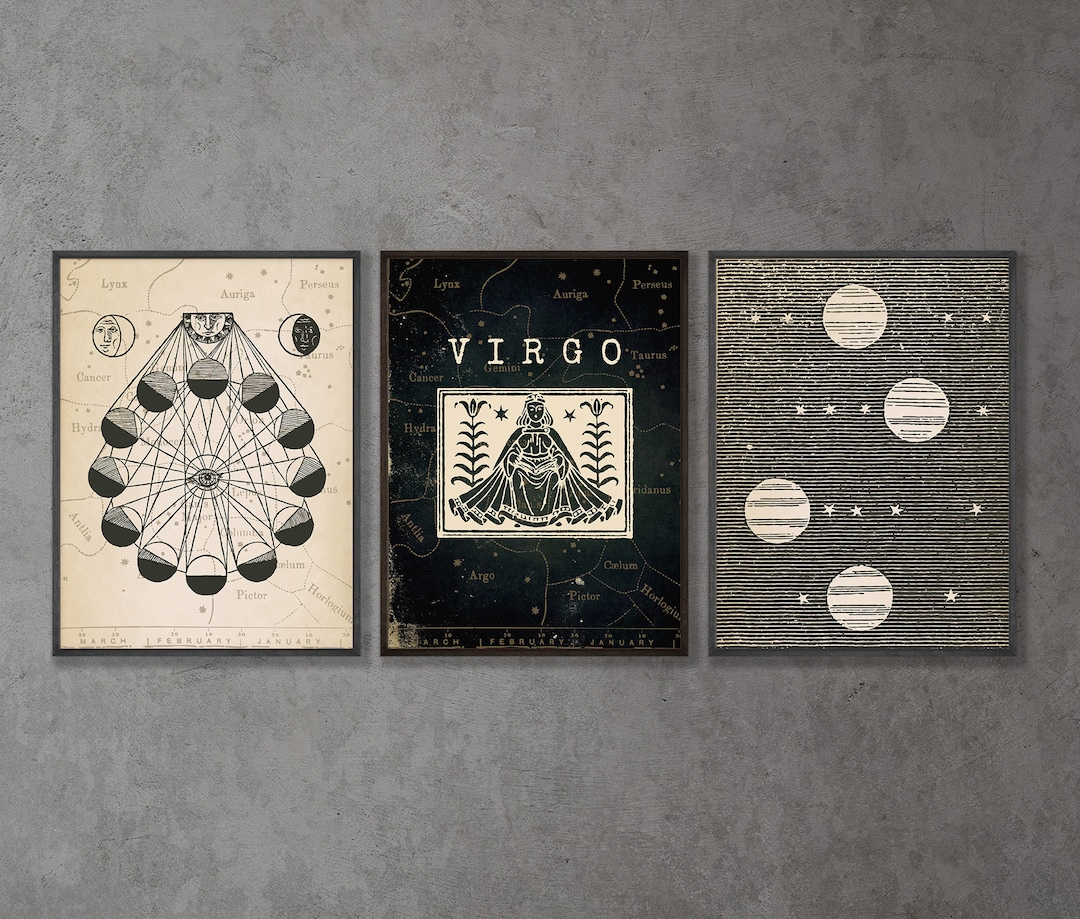 Emerald Green Decor Virgo Wall Art Set of 3, Dark Vintage Astrology ...
