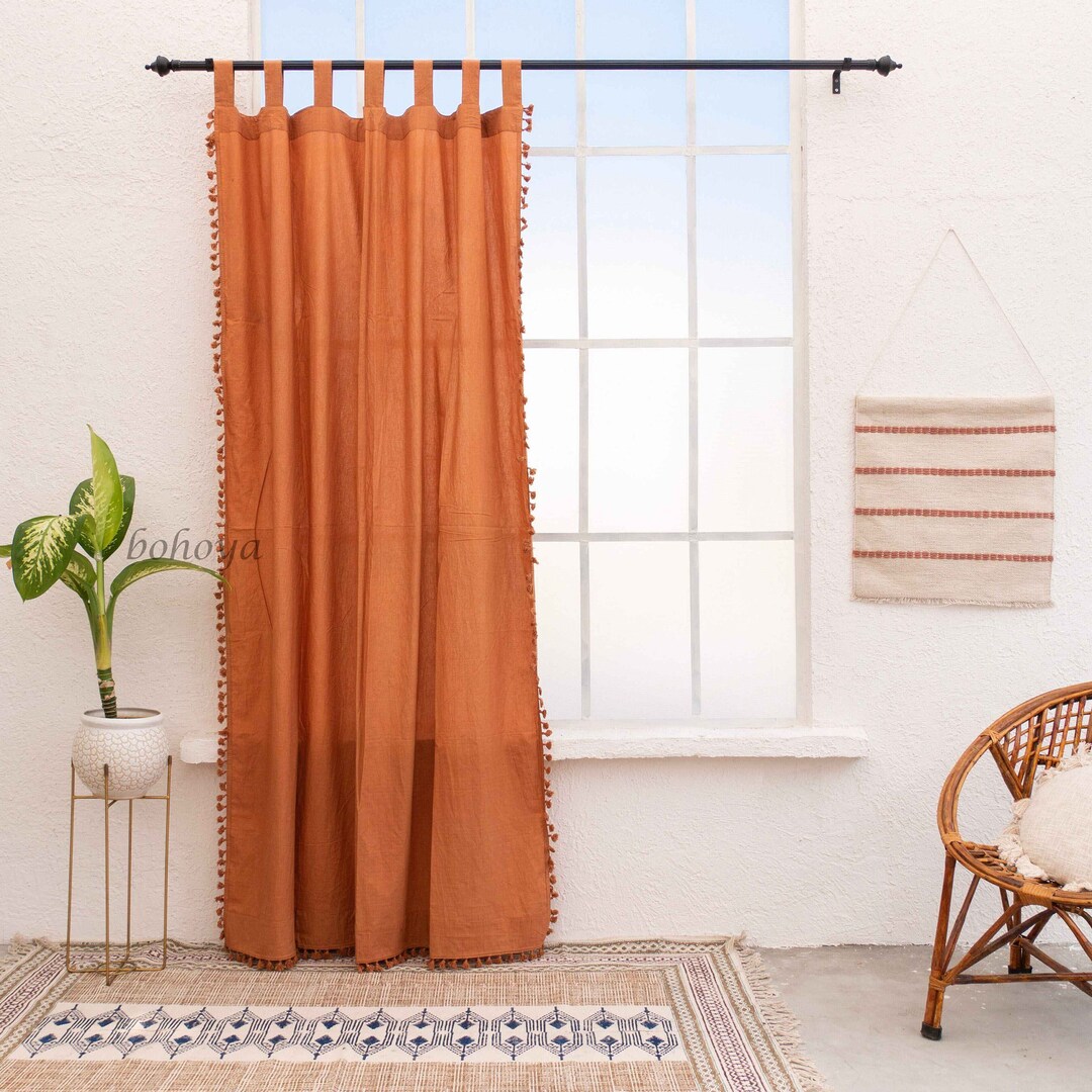 Terracotta Handmade Cotton Curtain Bohemian Fringes Curtain One Panel ...