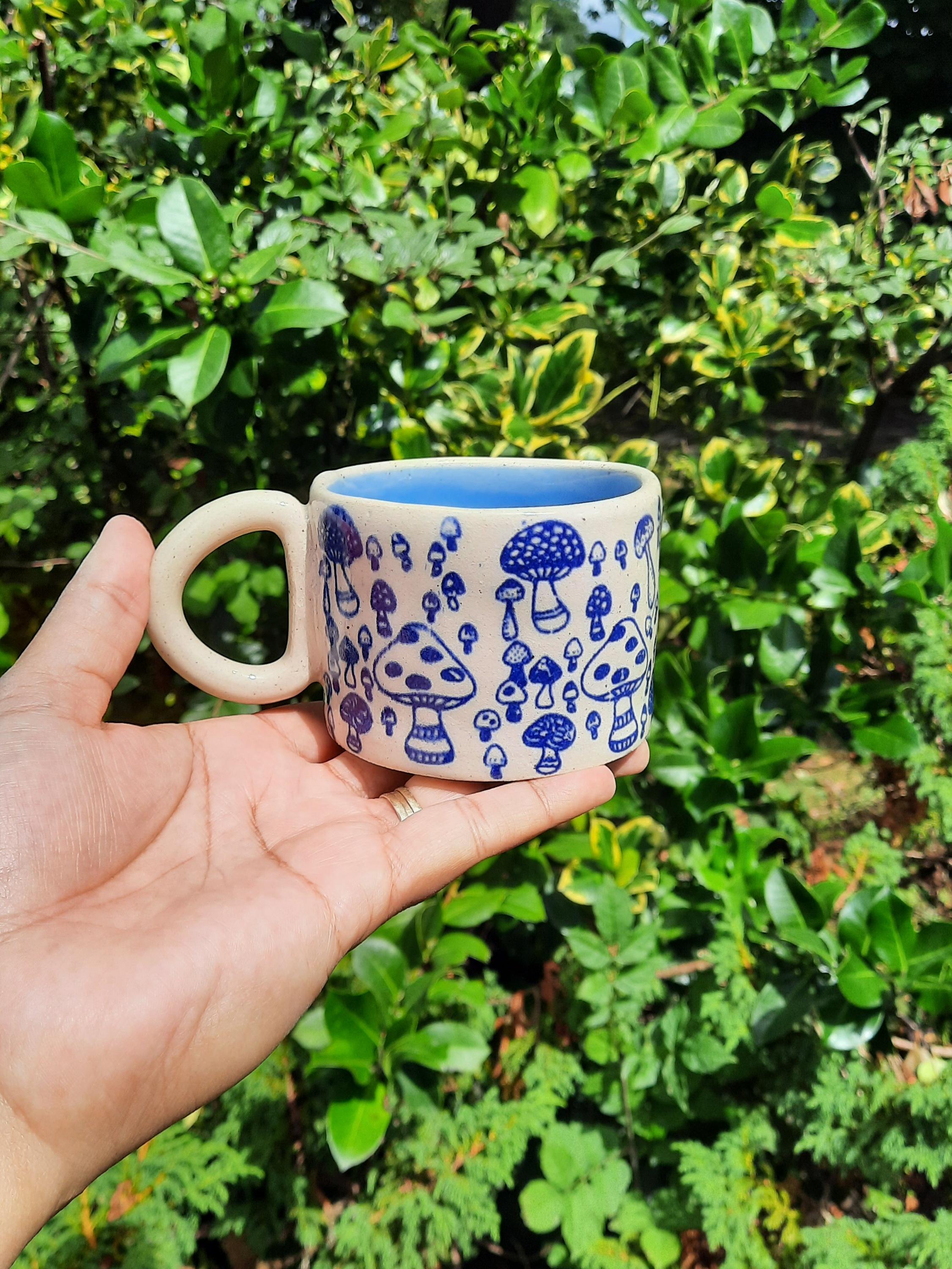 Blue Mushrooms Design Cup, Ceramic Cup, Stoneware Cup, Handmade Cup ...