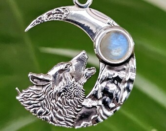 Wolf Howling Pendant Necklace Fenrir Crescent Moon Moonstone Wolf Howling Pendant Necklace Fenrir Crescent Moon Moonstone