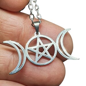Triple Moon Pentacle Pendant Pentagram 18" Chain Necklace Spiritual ...
