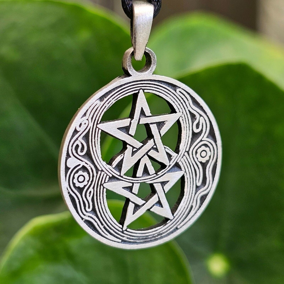 Pentacle Chalice Well Pendant Necklace Pewter Double Star Beaded Cord ...
