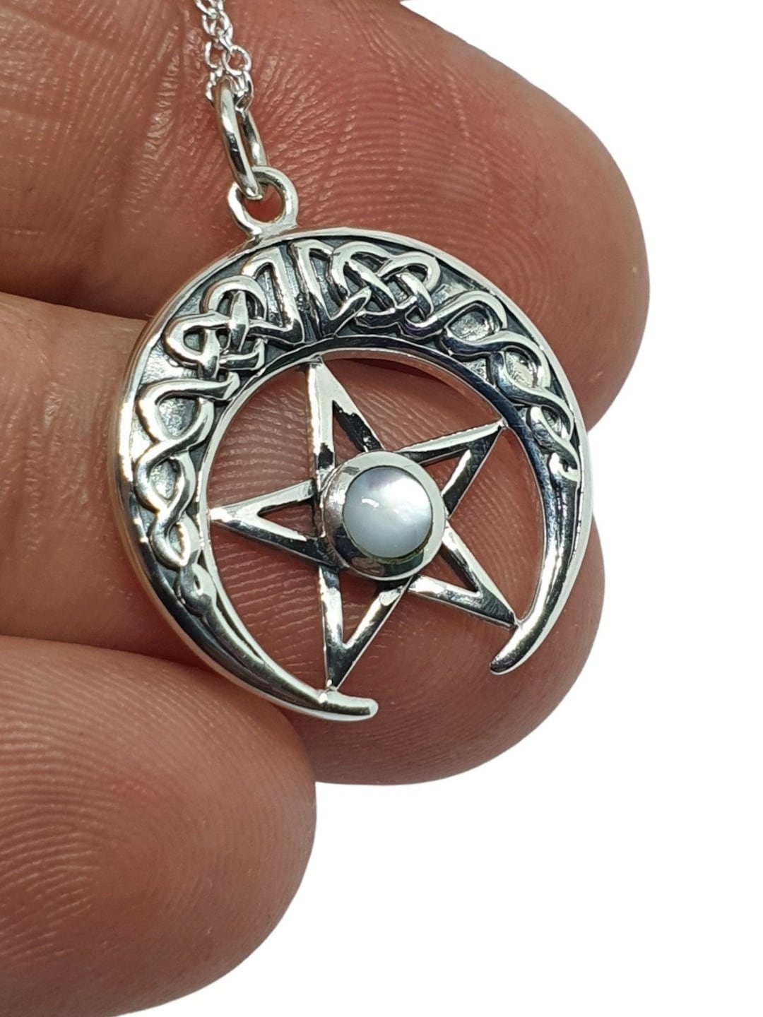 Pentacle Moon Mother of Pearl Pendant Crescent Gemstone Necklace Pagan ...