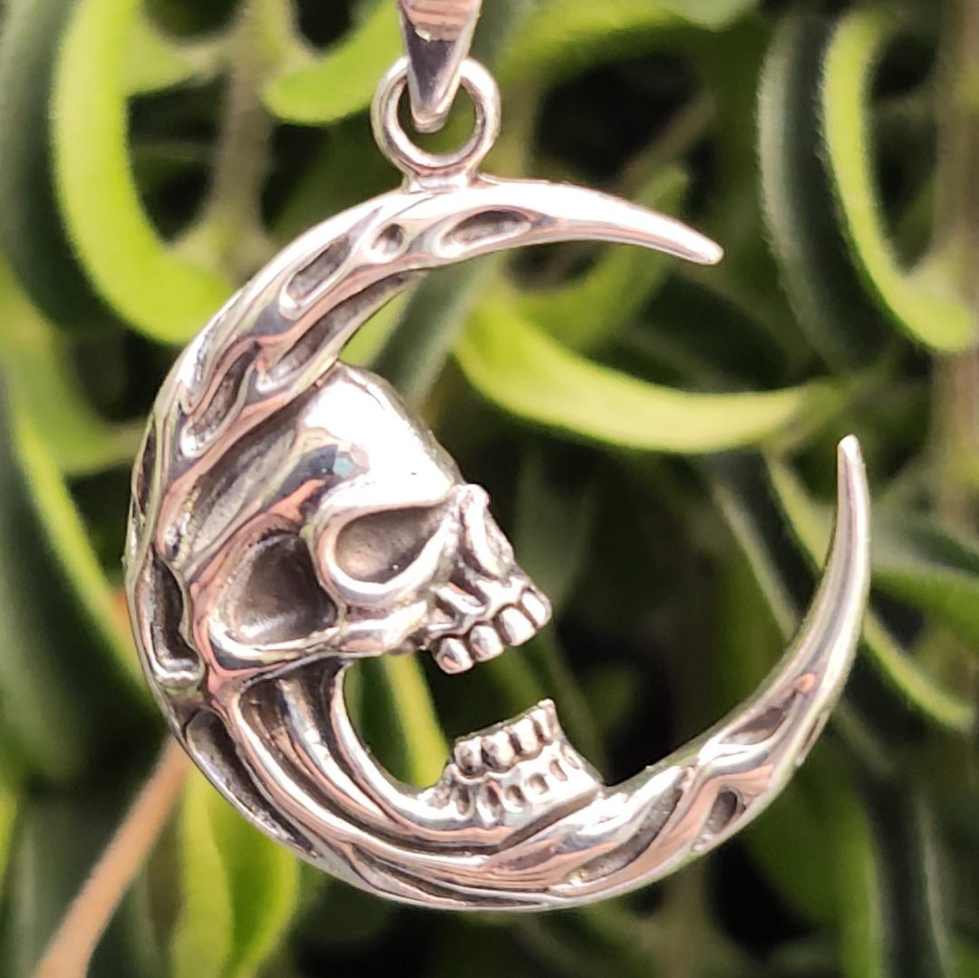 Skull Moon Pendant Necklace 20" Curb Chain Large Pendant 925 Sterling ...