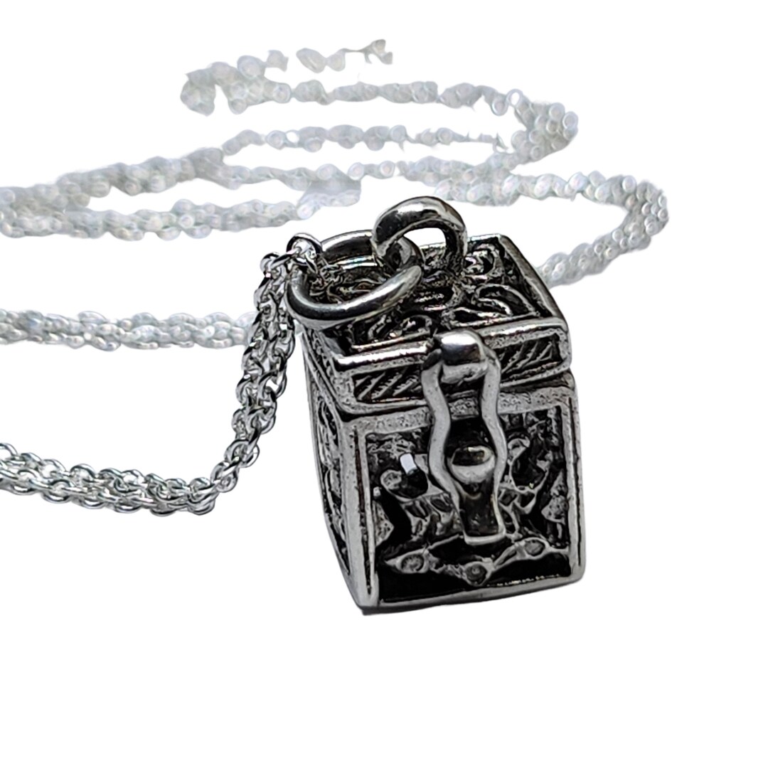 Box Locket Pendant Necklace Square Locket Filigree Crown Pattern Cube ...