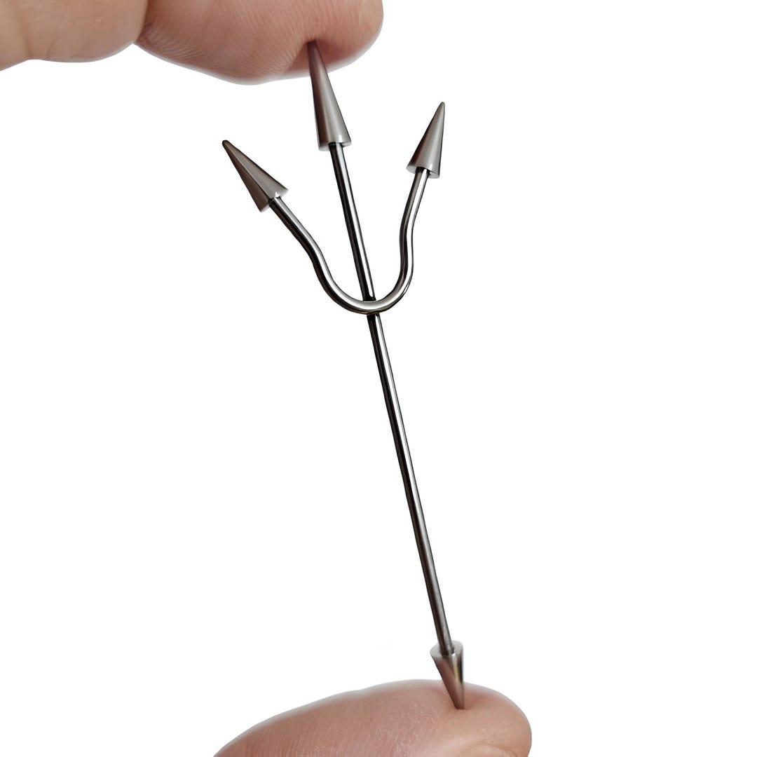 4 Spiked Trident Industrial Large Piercing Barbell Fork Setting Earring ...