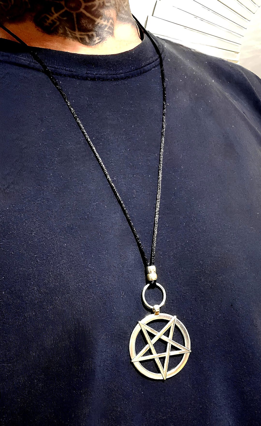 Large Inverted Pentagram Statement Pendant Necklace 33" Black Tie Cord ...