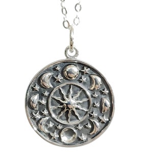 Moon Phase Pendant Celestial 925 Sterling Silver Necklace Sun Moon ...