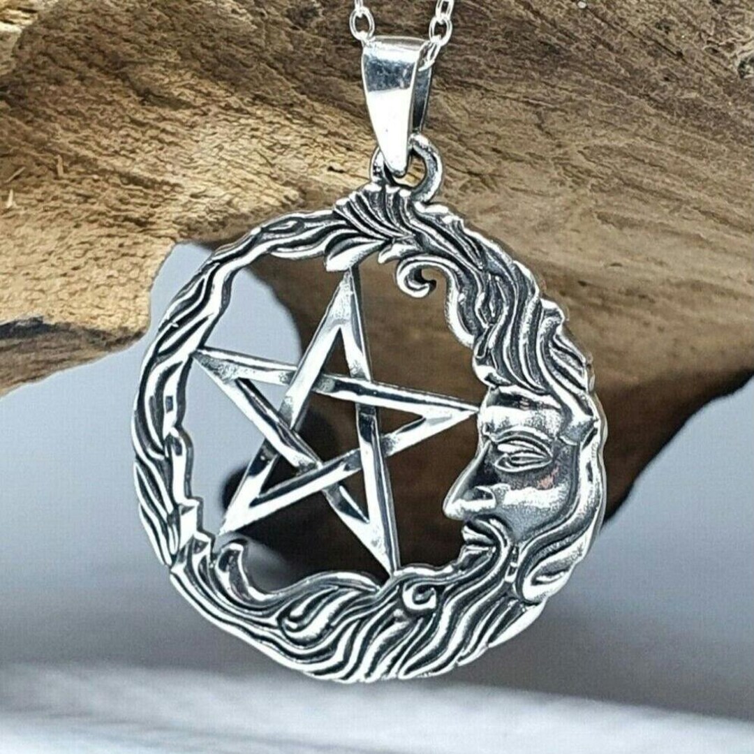 Pentacle Man in the Moon Pendant Necklace 925 Sterling Silver Pendant ...
