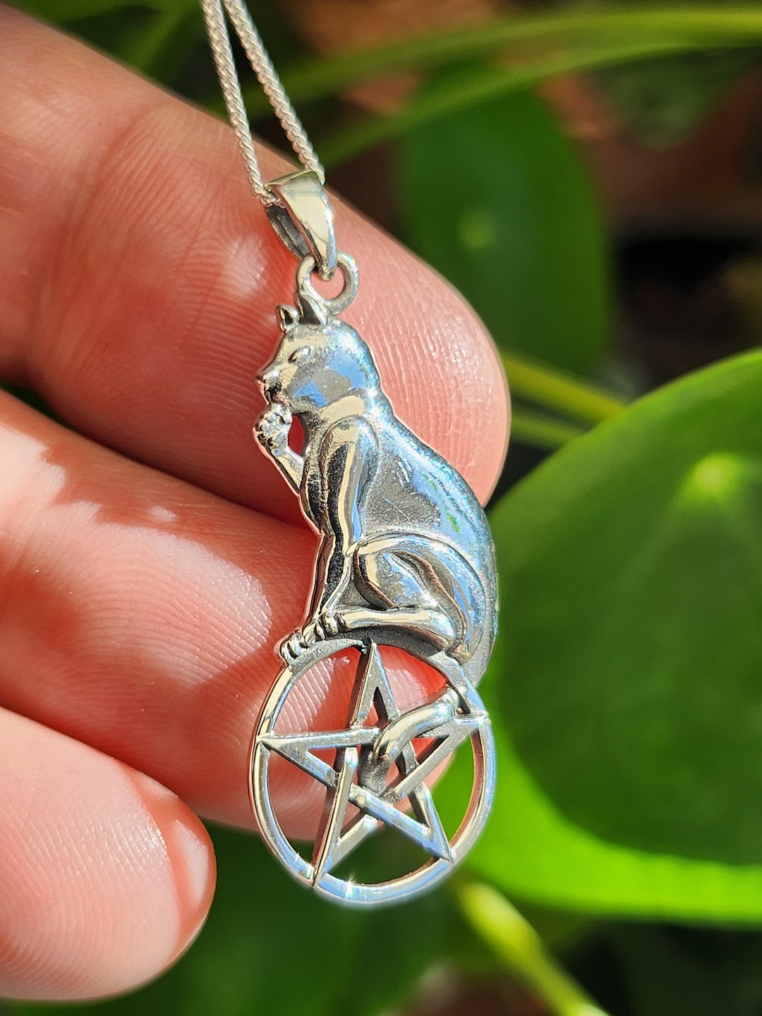 Silver Cat Pendant Necklace Amulet Talisman 18 Curb Chain 925 Sterling ...