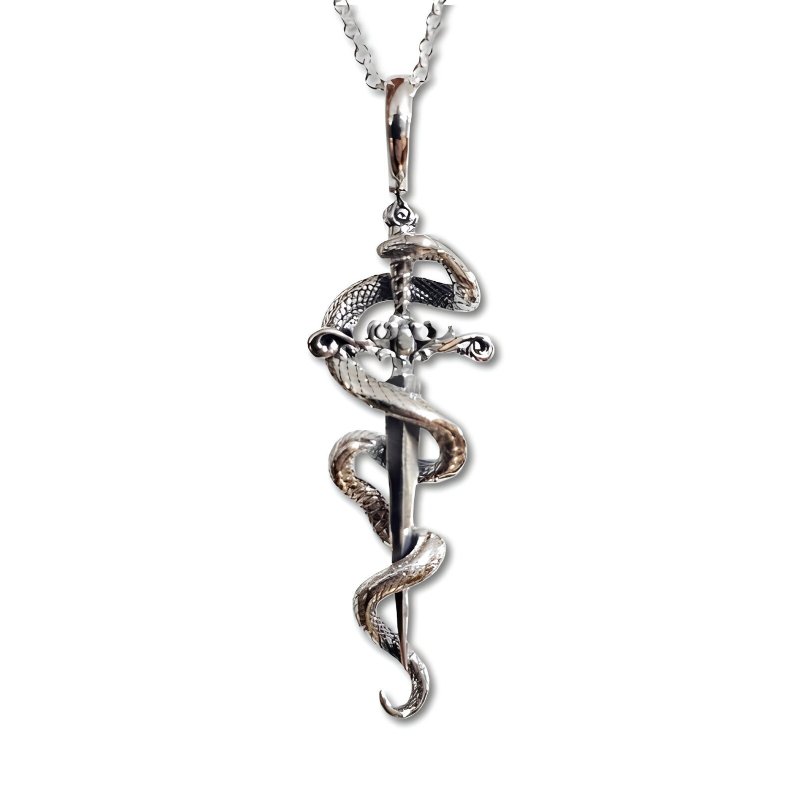Snake Sword Pendant Necklace 925 Silver Broadsword Asclepius Protection ...