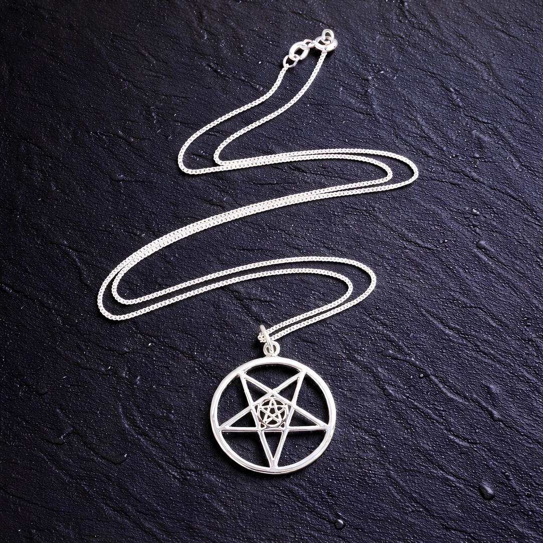 Inverted Pentagram Pendant Pentacle Inner 925 Sterling Silver 18" Curb ...