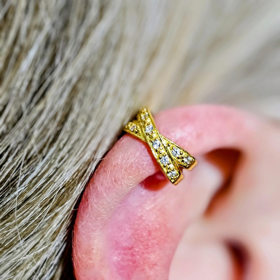 Gold Cross Ear Cuff CZ Gems 14k Gold on 925 Sterling Silver Stunning ...
