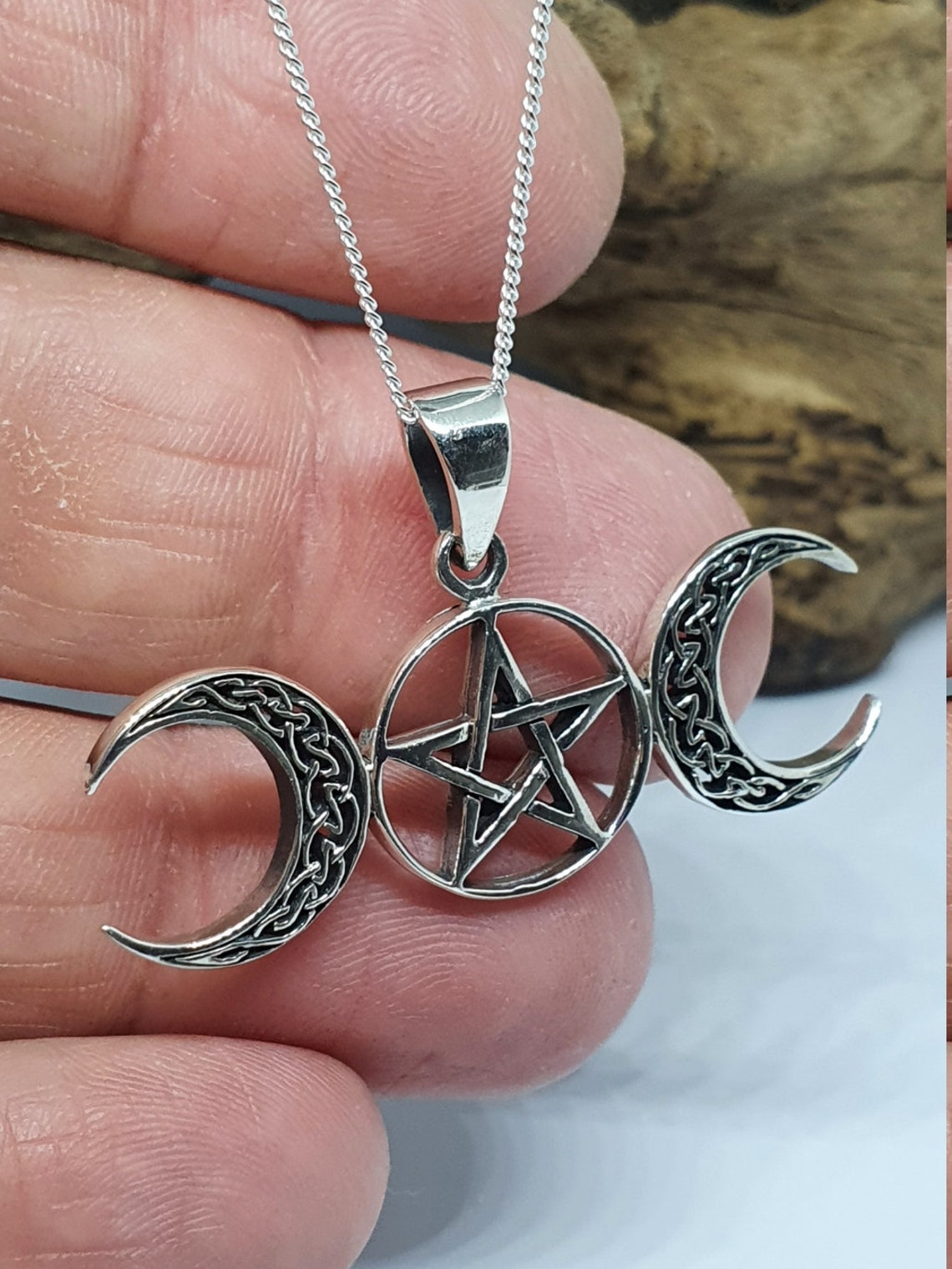 Triple Moon Pentacle Pendant 18 Chain 925 Sterling | Etsy