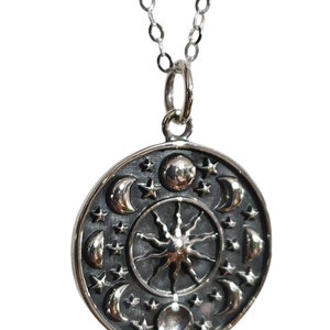 Moon Phase Pendant Celestial 925 Sterling Silver Necklace Sun Moon ...