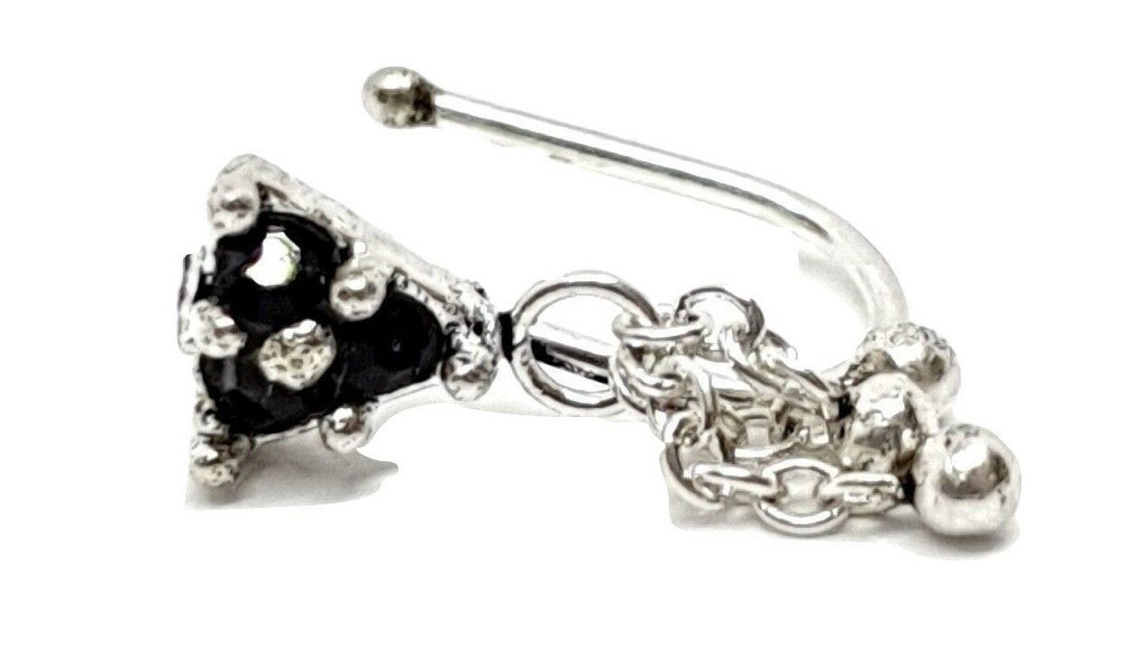 Clip on Nose Stud Cuff Black Tourmaline 925 Silver Gemstone 3 Ball Non ...