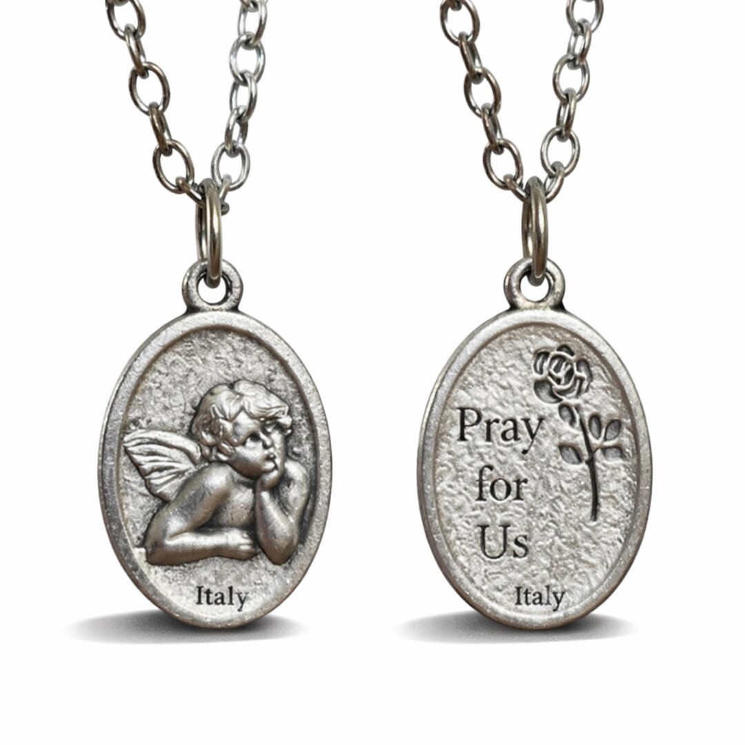 Cherub Angel Catholic Pray for Us Rose Pendant Necklace Double-sided ...