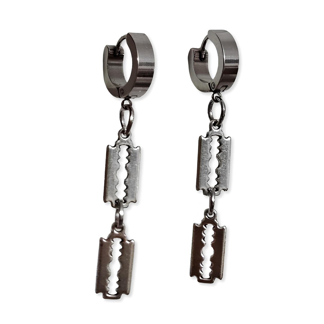 Razor Earrings Four Razors Steel Edgy Hinged Clickers 316L Steel Huggie ...