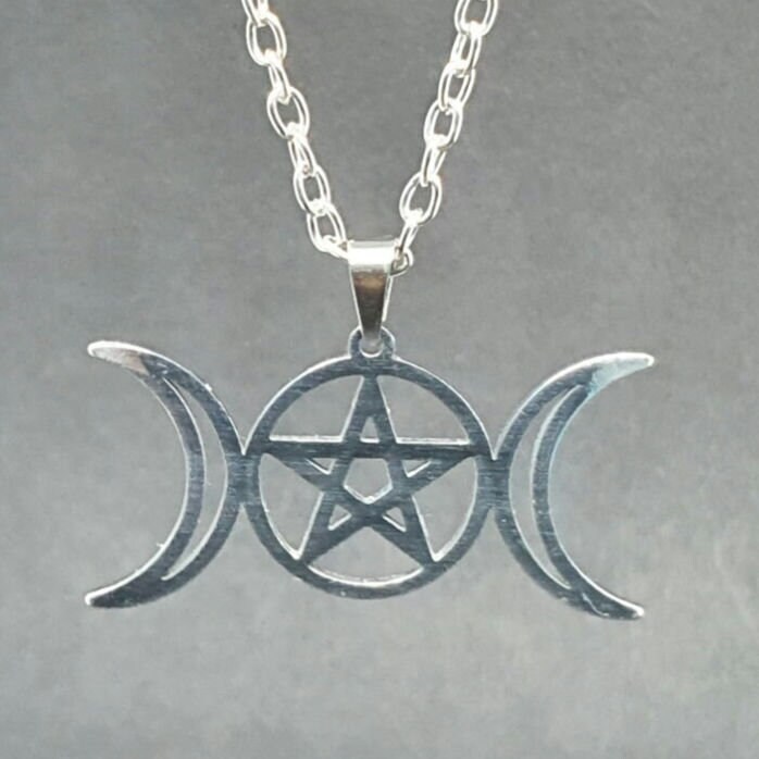 Triple Moon Pentacle Pendant Pentagram 18" Chain Necklace Spiritual ...