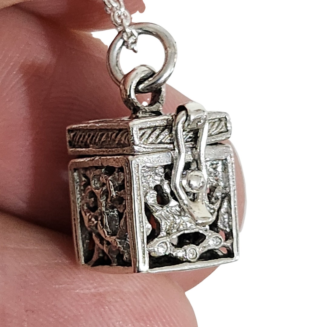 Box Locket Pendant Necklace Square Locket Filigree Crown Pattern Cube ...