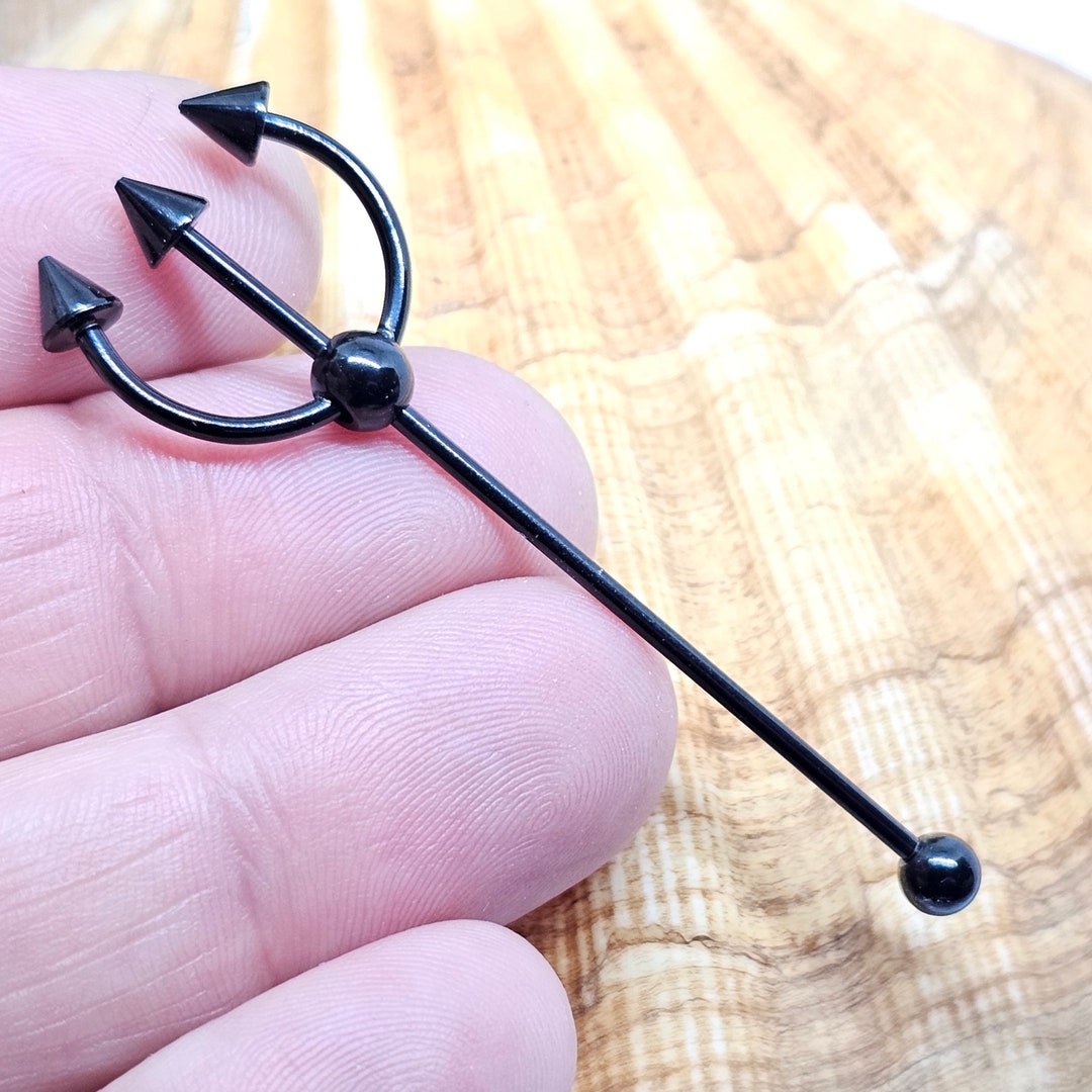 Black Trident Scaffold Piercing Fork Earring Industrial 14g 1.6mm Black ...