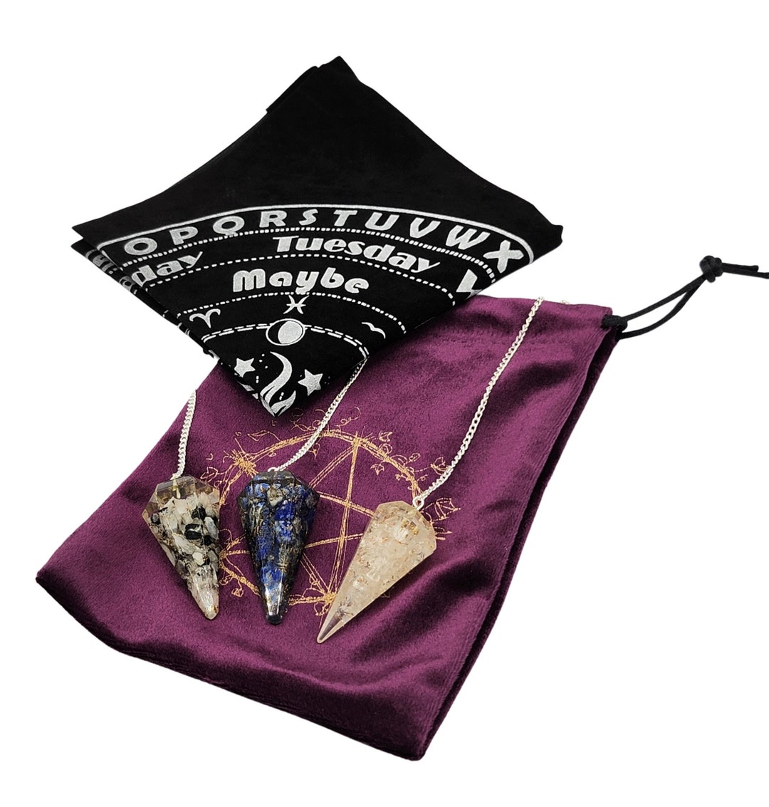 Divination Set 3 Orgone Pendulums Gemstone Lapis Lazuli Quartz Moonstone Plush Purple Pentacle ...