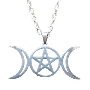 Triple Moon Pentacle Pendant Pentagram 18" Chain Necklace Spiritual ...