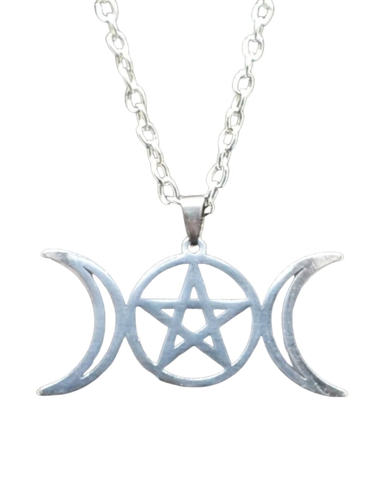 Triple Moon Pentacle Pendant 18" Chain Necklace 316L Stainless Steel ...
