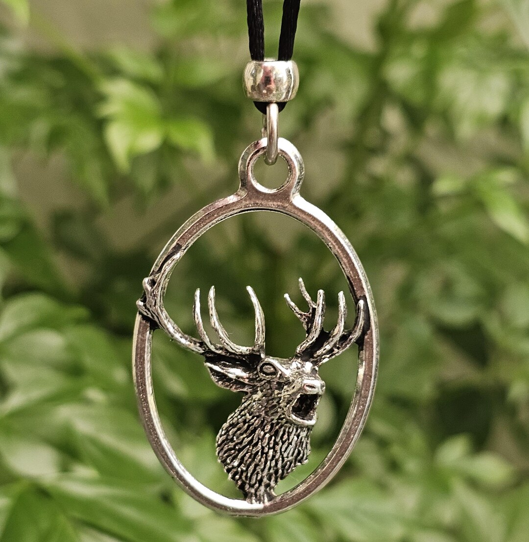 Stag Pendant Oval Roaring Emperor Stag Strength Symbol Handmade Pewter ...