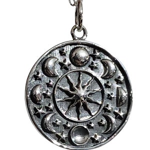 Moon Phase Pendant Celestial 925 Sterling Silver Necklace Sun Moon ...