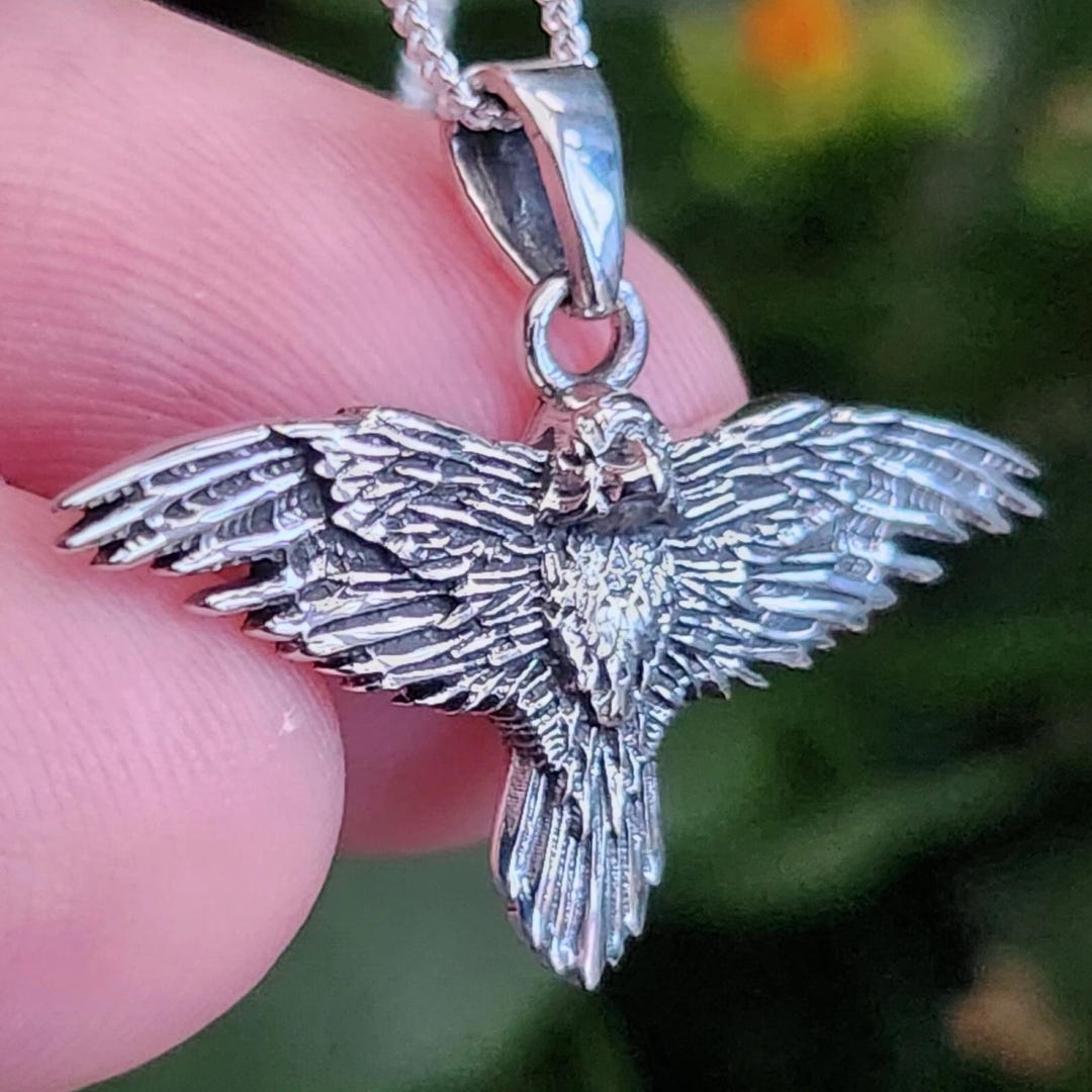 Raven Pendant 925 Sterling Silver Necklace Flying Bird Norse Mythology ...