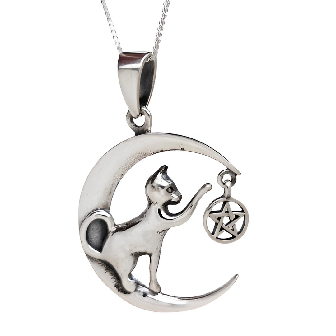 Cat Moon & the Pentacle Pendant Necklace Hanging Charm 925 Sterling ...
