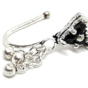 Clip on Nose Stud Cuff Black Tourmaline 925 Silver Gemstone 3 Ball Non ...
