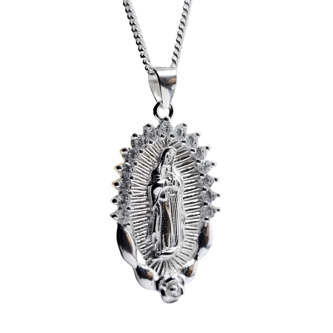 Virgin Mary Pendant Necklace 925 Sterling Silver CZ Gems 18" Curb Chain ...