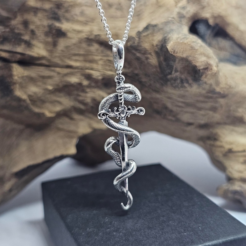 Snake Sword Pendant Necklace 925 Silver Broadsword Asclepius Protection ...