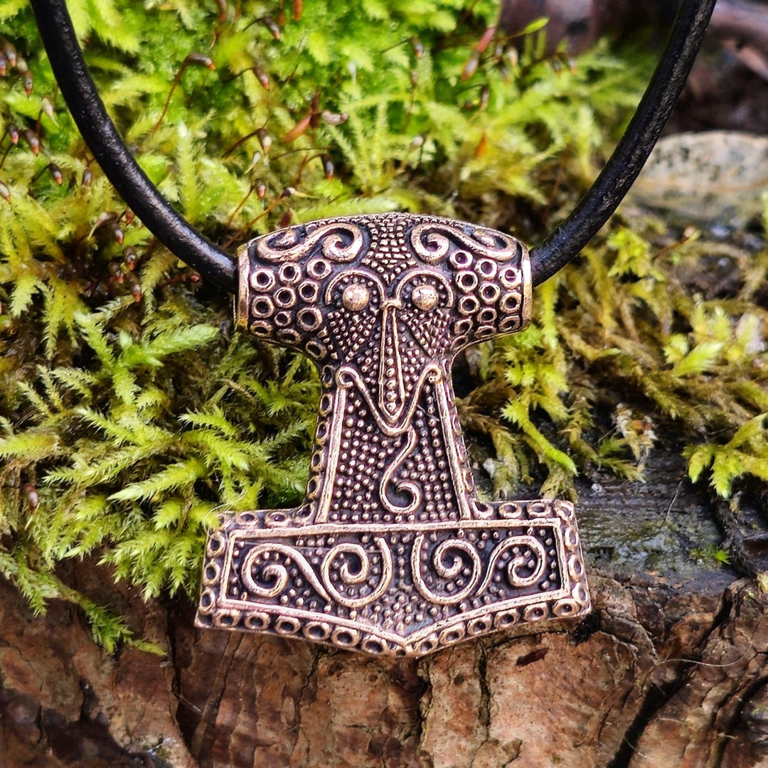 Thors Hammer Mjolnir SOLID Bronze Pendant Norse Raven Skane Head Double ...