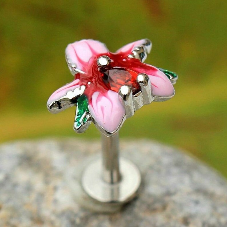 Flower Piercing Tragus Helix Labret Enamelled Hibiscus 16g (1.2mm) Red ...