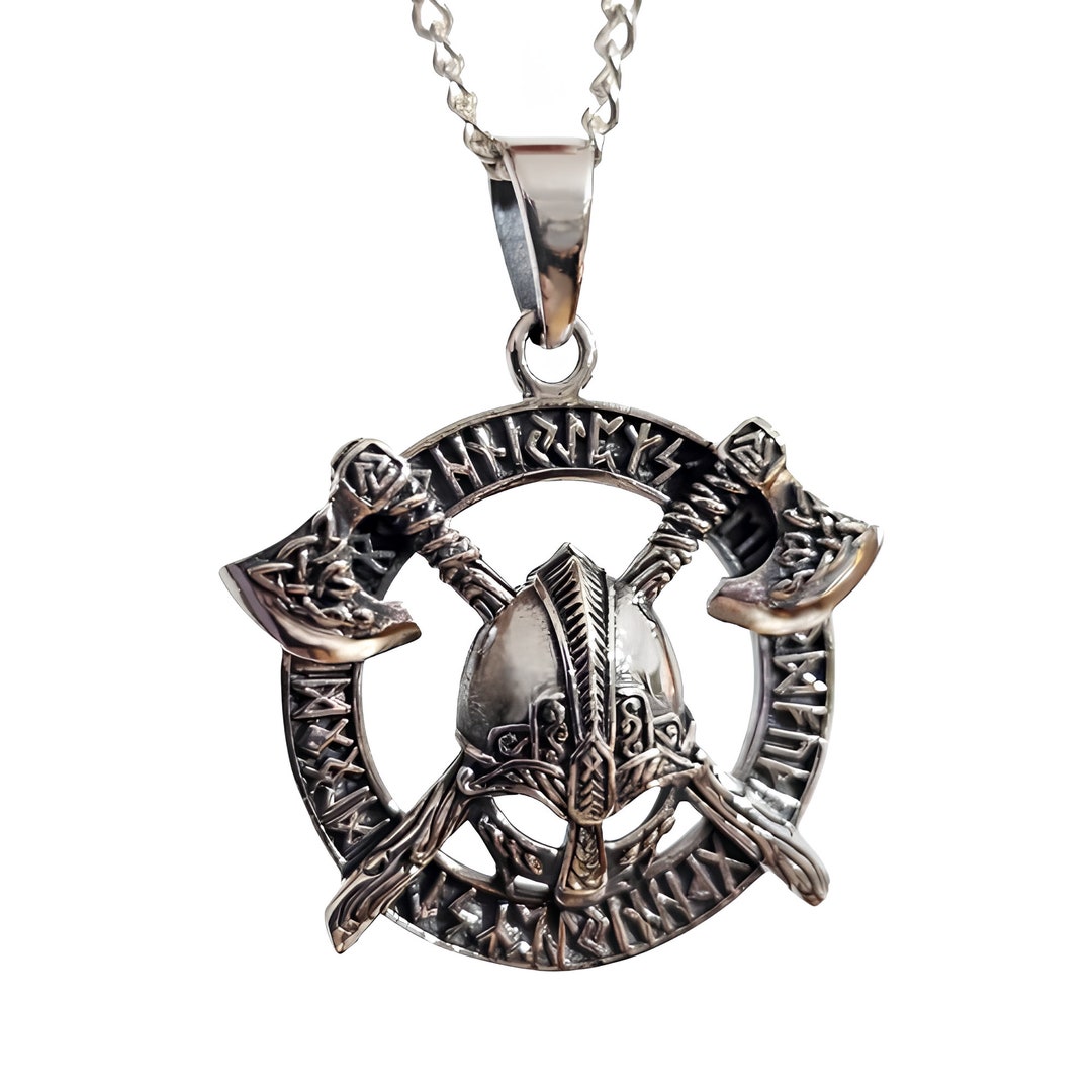 Axe Armour Pendant Runes Script 925 Sterling Silver 20" Chain Ornate ...