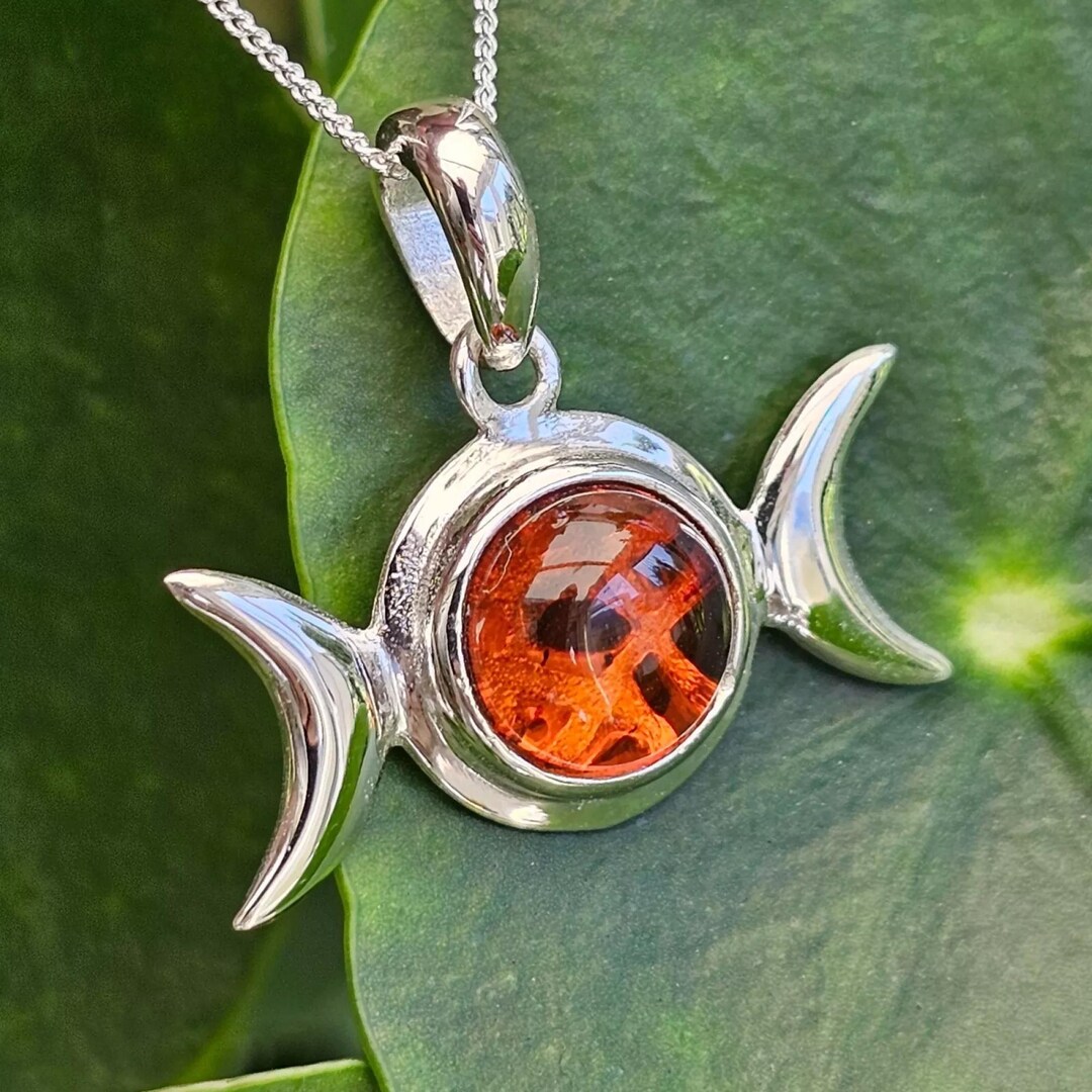 Amber Triple Moon Goddess Pendant Baltic 925 Sterling Silver Pentacle ...