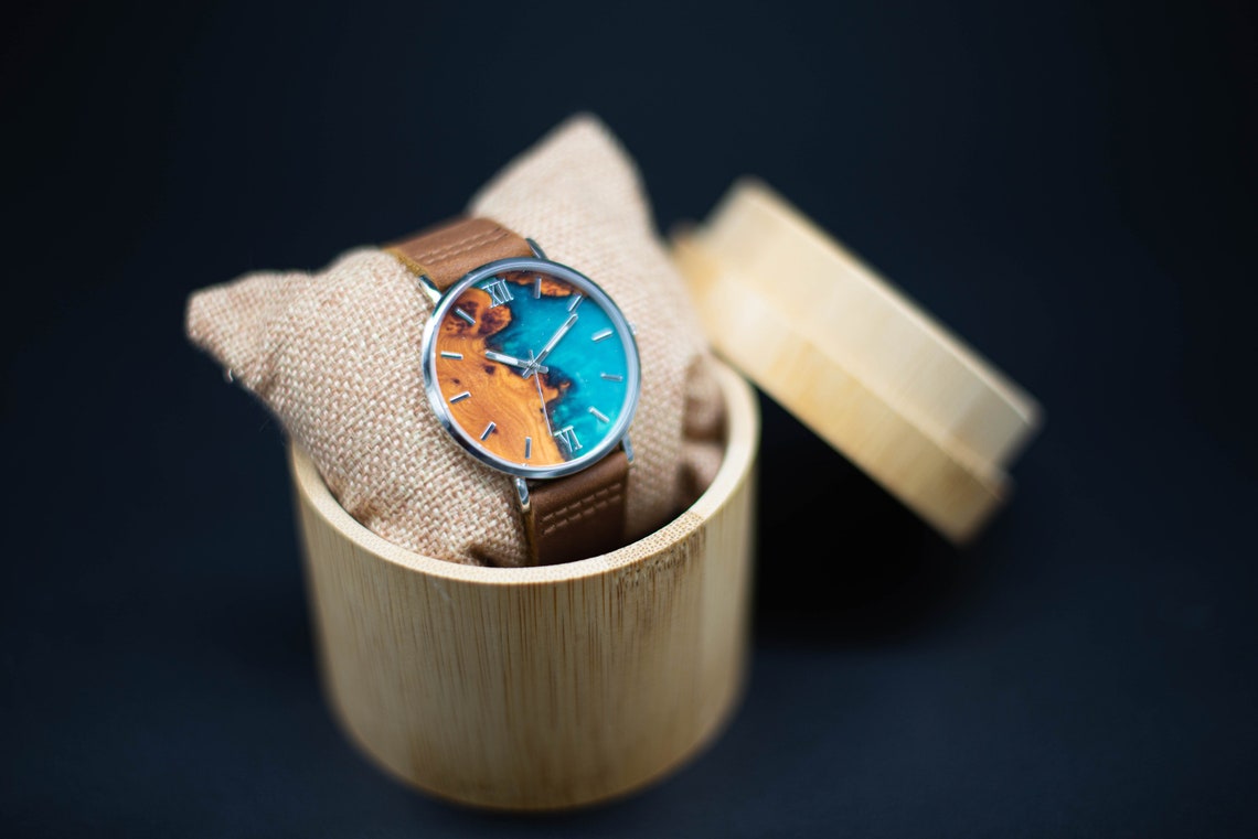 Epoxy Resin Watch, Leather Strap Watch, Custom Watch for Men, Blue ...