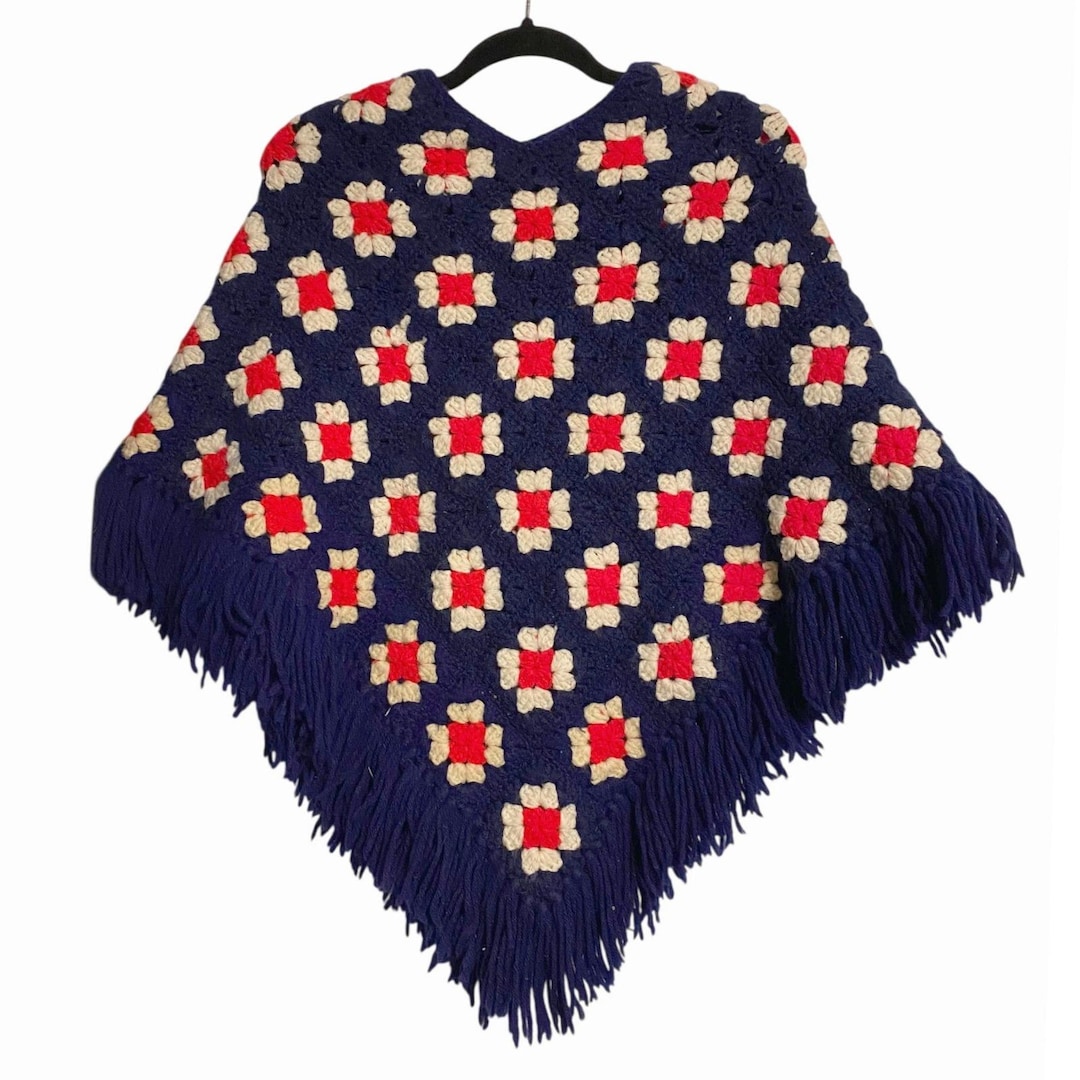 Vintage 70s Crochet Granny Square Floral Fringe Blue Poncho OS ...