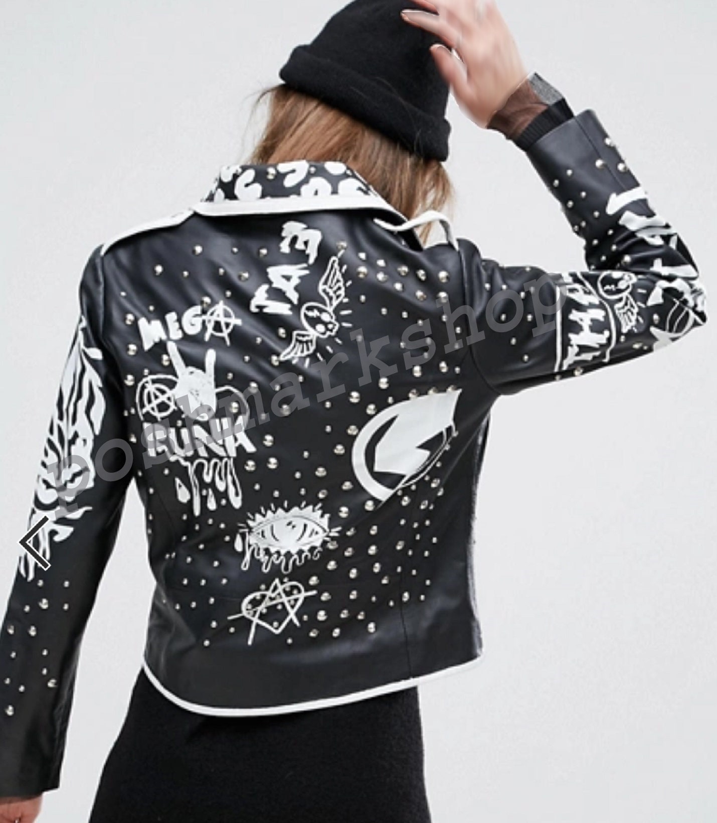 Women Black White Zebra Print Cow Skin Leather Bikers Handmade Round ...