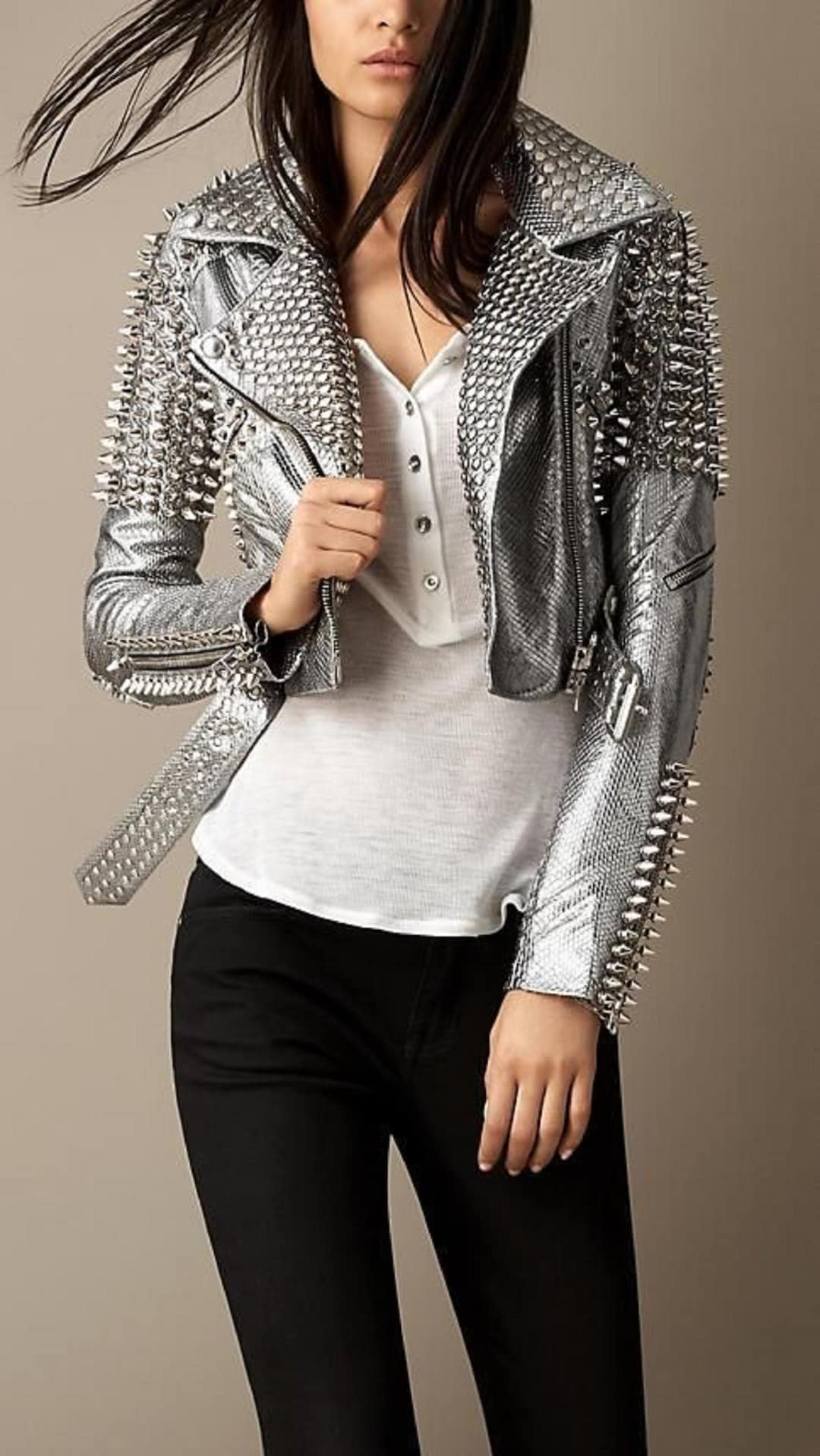 Customize Women Silver Studded Leather Jacket Silver Genuine Leather ...