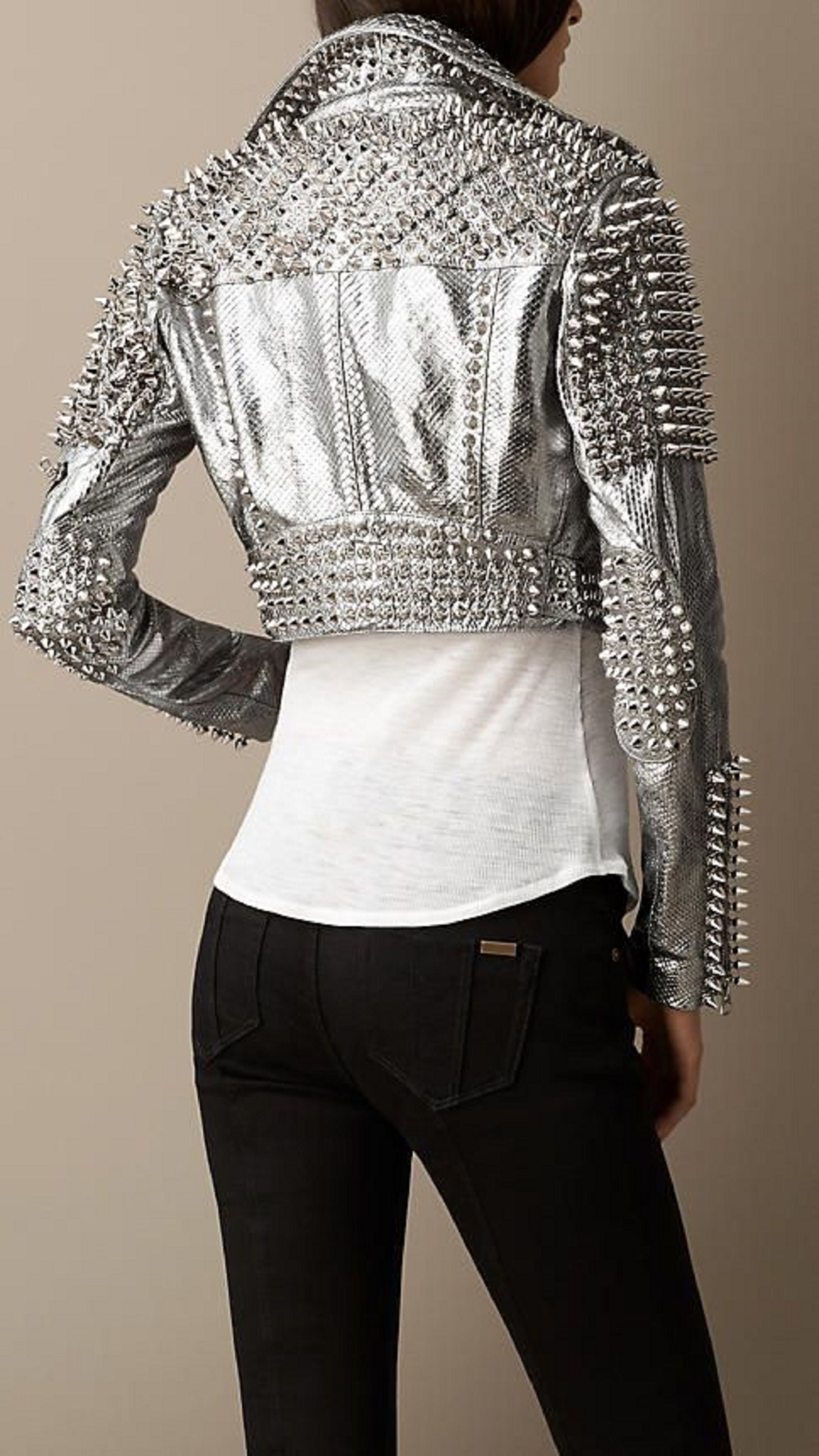 Customize Women Silver Studded Leather Jacket Silver Genuine Leather ...